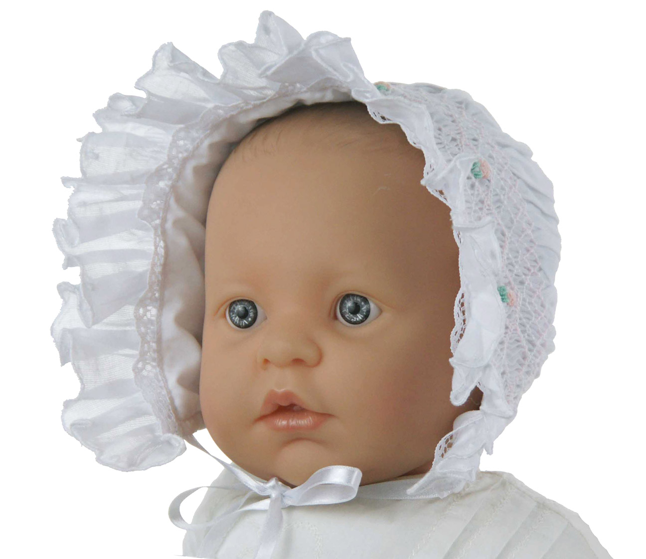 NEW Will'Beth White Smocked Baby Bonnet with Pink Embroidered Flowers