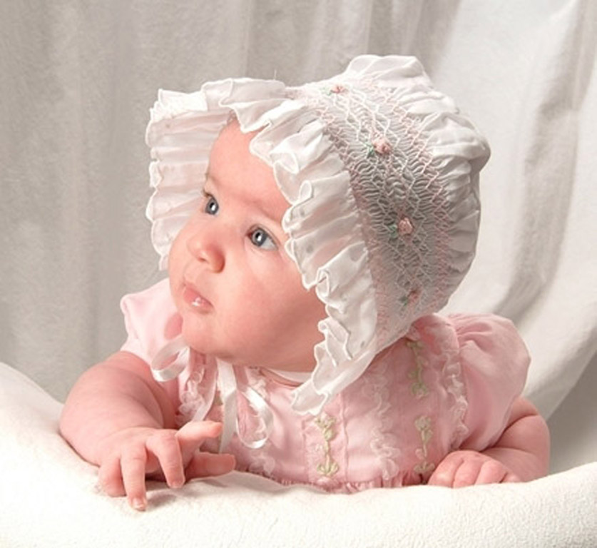 NEW Will'Beth White Smocked Baby Bonnet with Pink Embroidered Flowers