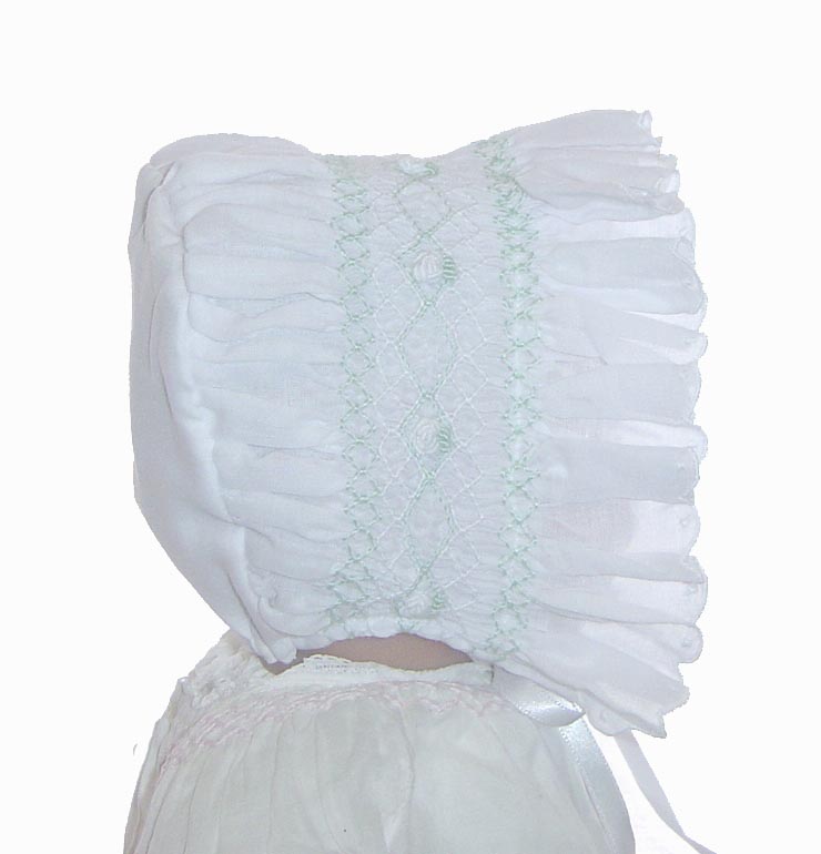 NEW Will'Beth White Smocked Baby Bonnet with Pale Green Embroidered Flowers