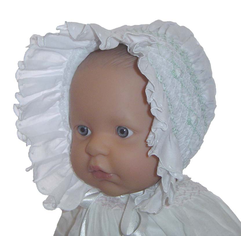 NEW Will'Beth White Smocked Baby Bonnet with Pale Green Embroidered Flowers