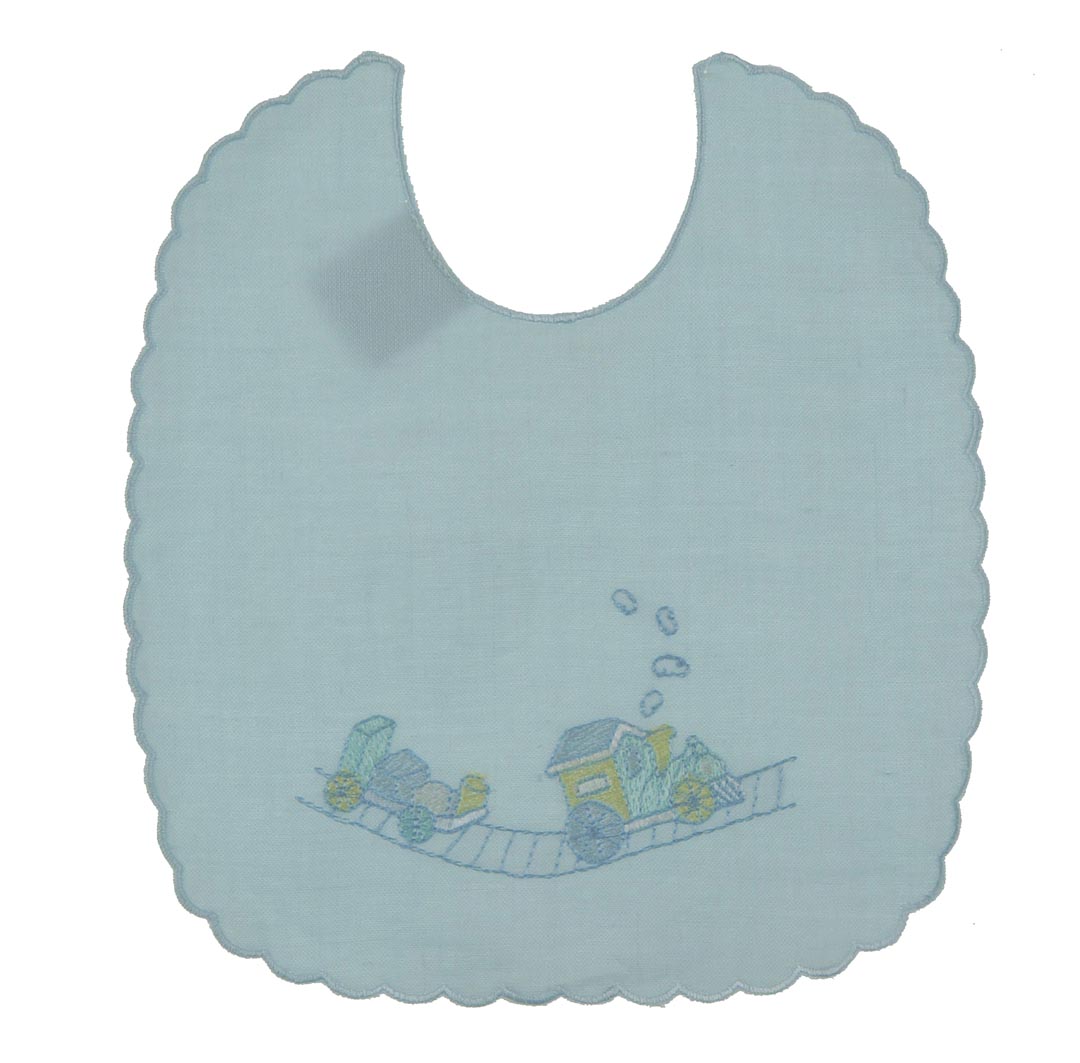 NEW Will'Beth Blue Linen Bib with Embroidered Train