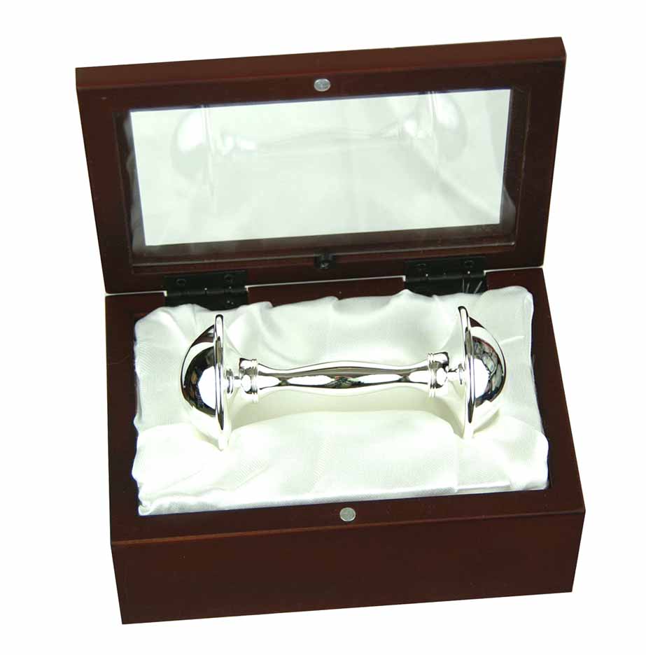 NEW Wood Keepsake Gift Box with Silver Plated Rattle