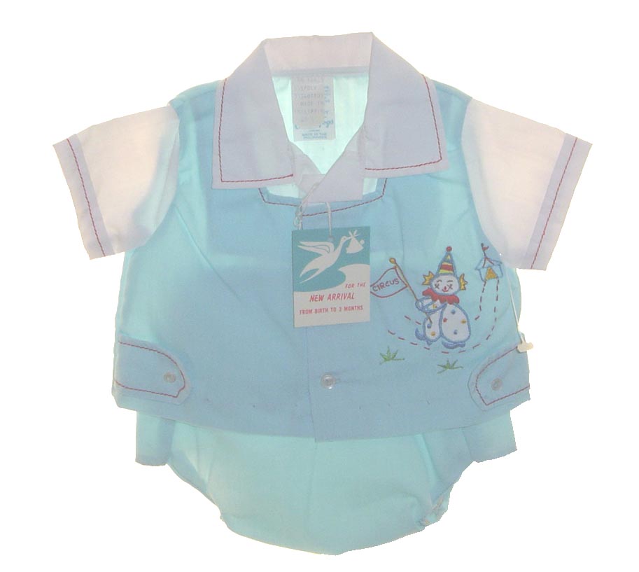 Retro 1960s Unworn Blue and White Diaper Set with Clown Embroidery