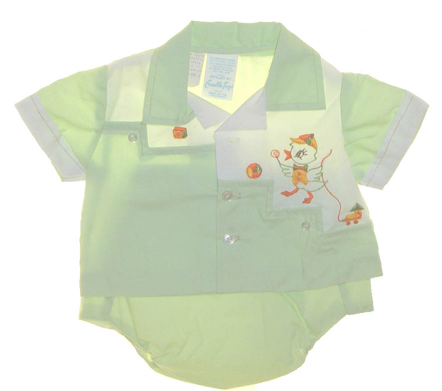 Retro 1960s Unworn Green and White Diaper Set with Chick Embroidery