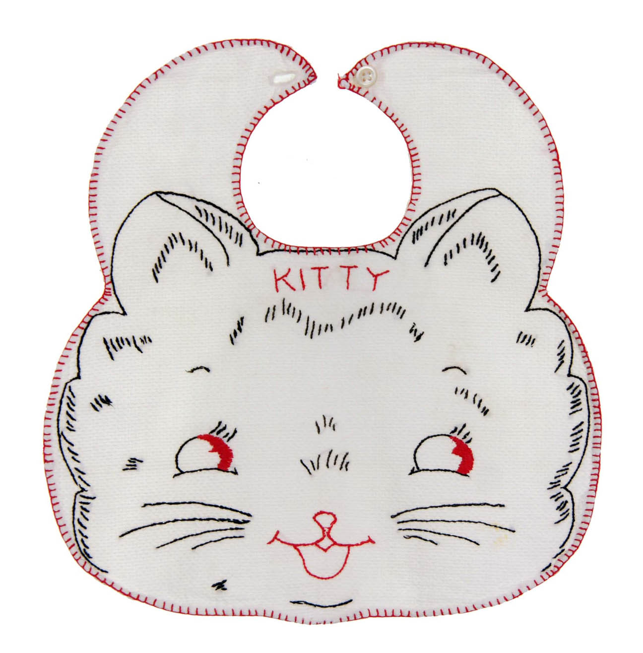 Vintage 1930s White Bib with "Kitty" Embroidery