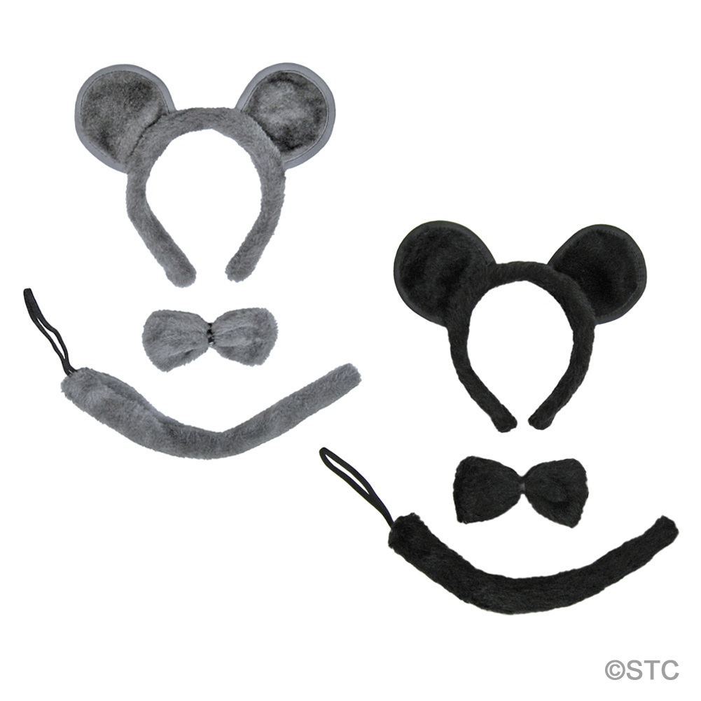 Gray Mouse Ears, Tail, & Bow Tie Set - Halloween Mouse Costume Party Kit