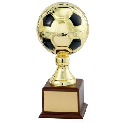 10-1/2 INCH GOLD SOCCER BALL TROPHY WITH 4-3/4 INCH DIAMETER BALL