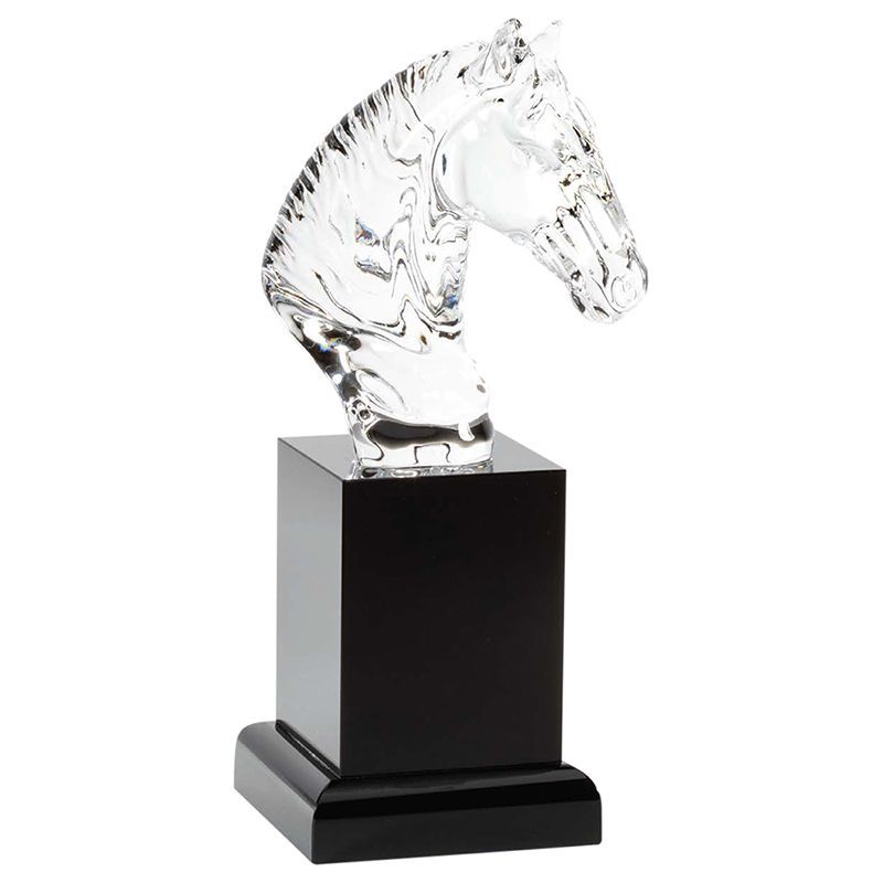 10-1/2 INCH OPTICAL CRYSTAL HORSE HEAD ON BLACK CRYSTAL BASE