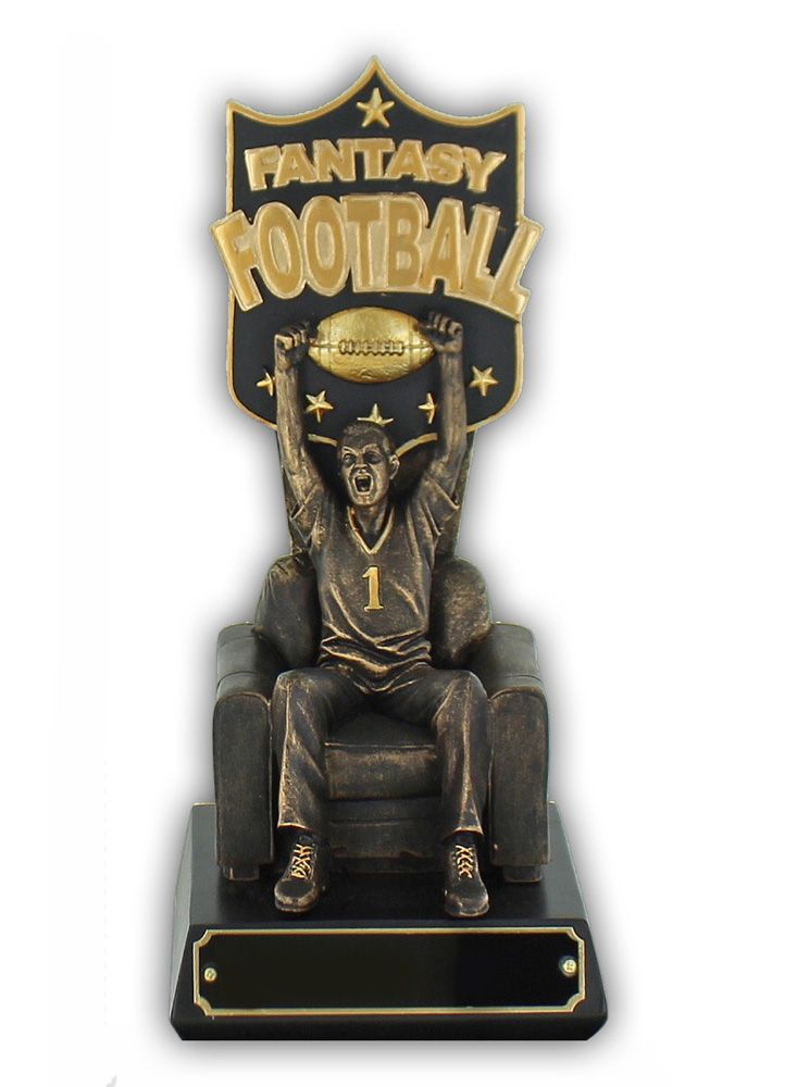 10 INCH FANTASY FOOTBALL GOLD & BRONZE FINSHED MAN ON ARM CHAIR TROPHY