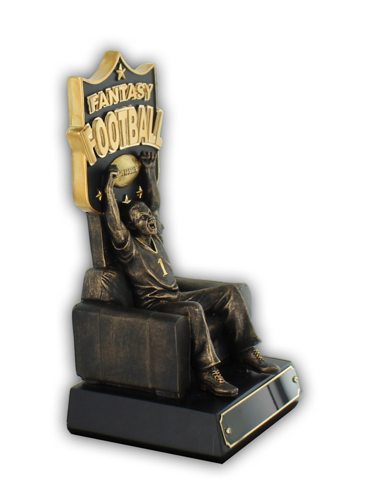 10 INCH FANTASY FOOTBALL GOLD & BRONZE FINSHED MAN ON ARM CHAIR TROPHY