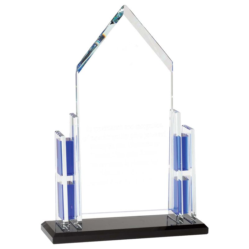 11 INCH OPTICAL CRYSTAL BLUE CATHEDRAL AWARD ON BLACK BASE