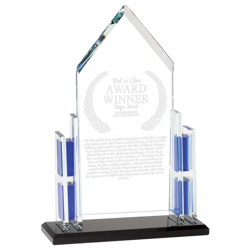 11 INCH OPTICAL CRYSTAL BLUE CATHEDRAL AWARD ON BLACK BASE