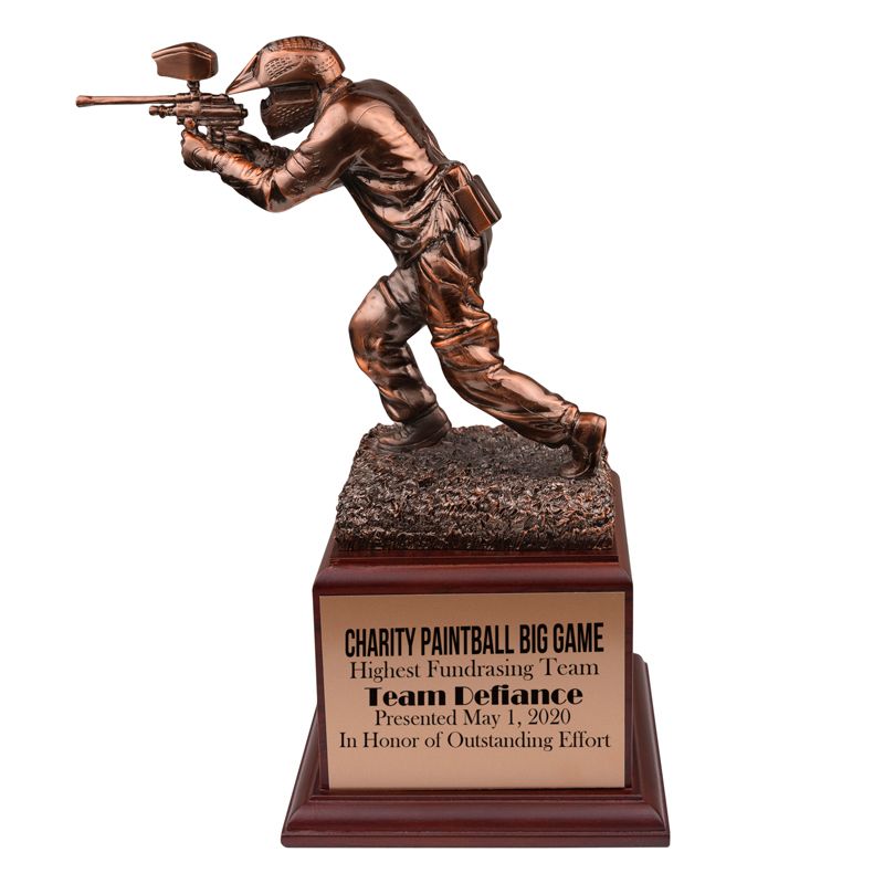 11 INCH PAINTBALL PLAYER TROPHY BRONZE ELECTROPLATED ON ROSEWOOD BASE