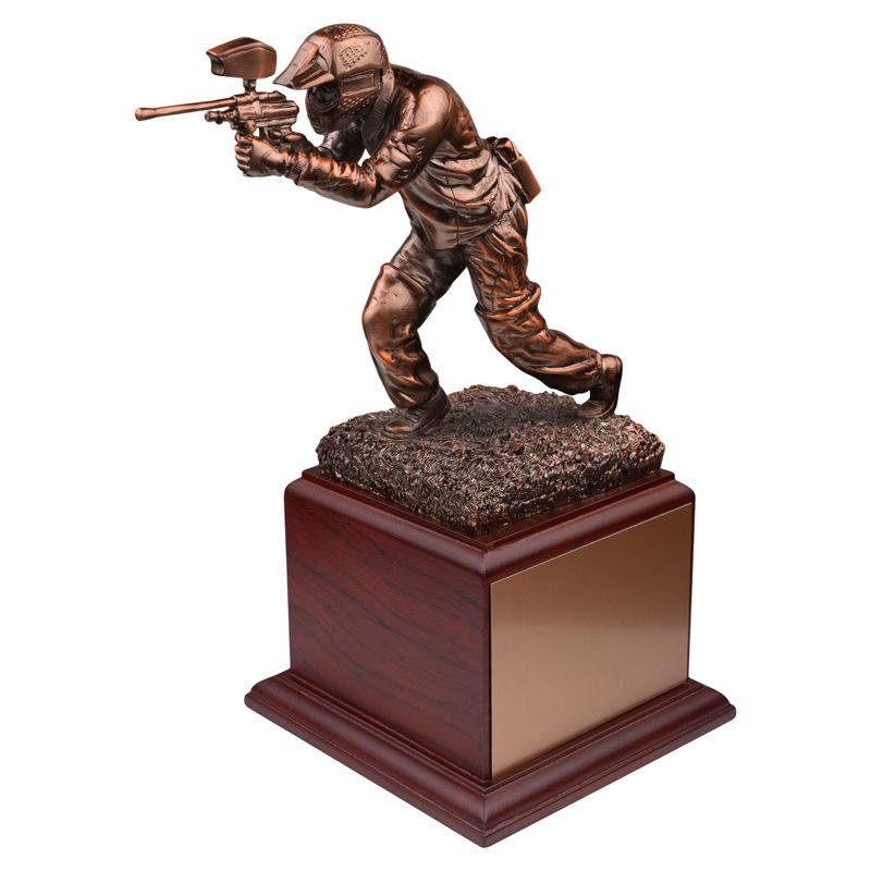 11 INCH PAINTBALL PLAYER TROPHY BRONZE ELECTROPLATED ON ROSEWOOD BASE