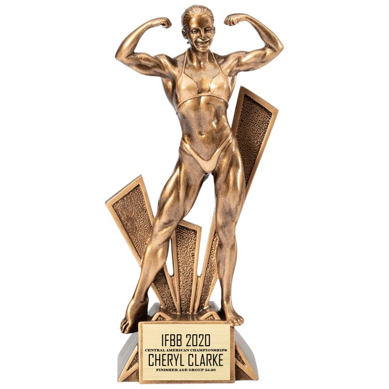 12 INCH FEMALE BODY BUILDER ANTIQUE GOLD FINISH TROPHY