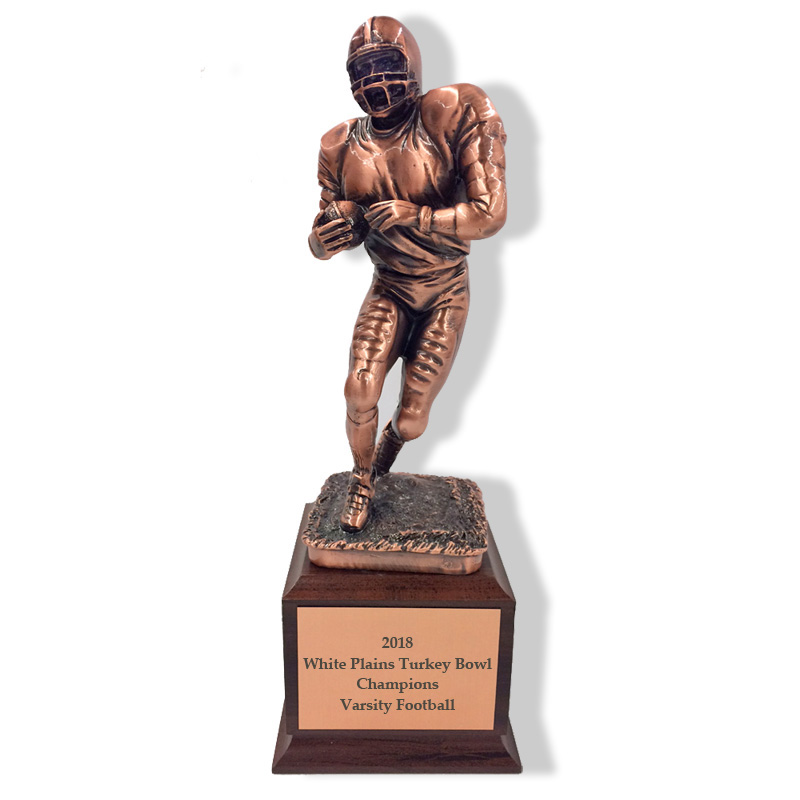 12 INCH HEIGHT ELECTROPLATED ANTIQUE BRONZE FOOTBALL PLAYER TROPHY ON ...