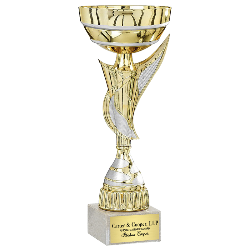 13-1/2 INCH GOLD WITH SILVER ACCENTS EUROPEAN STYLE TROPHY CUP ON WHITE ...