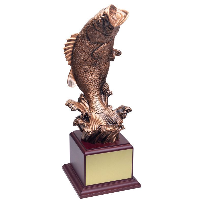 14-1/2 INCH ANTIQUE GOLD BASS FISH TROPHY ON ROSEWOOD BASE