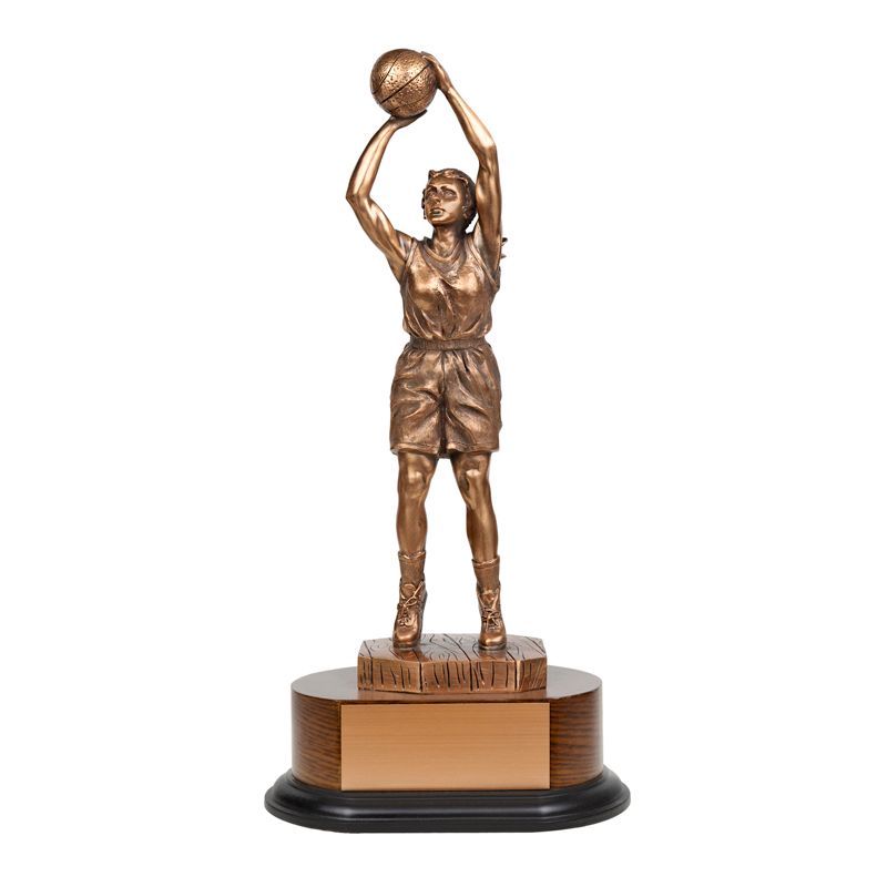14-1/2 INCH ELECTROPLATED ANTIQUE BRONZE BASKETBALL FEMALE FIGURE TROPHY