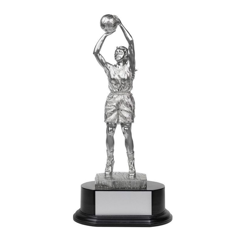 14-1/2 INCH ELECTROPLATED BRIGHT SILVER BASKETBALL FEMALE FIGURE TROPHY