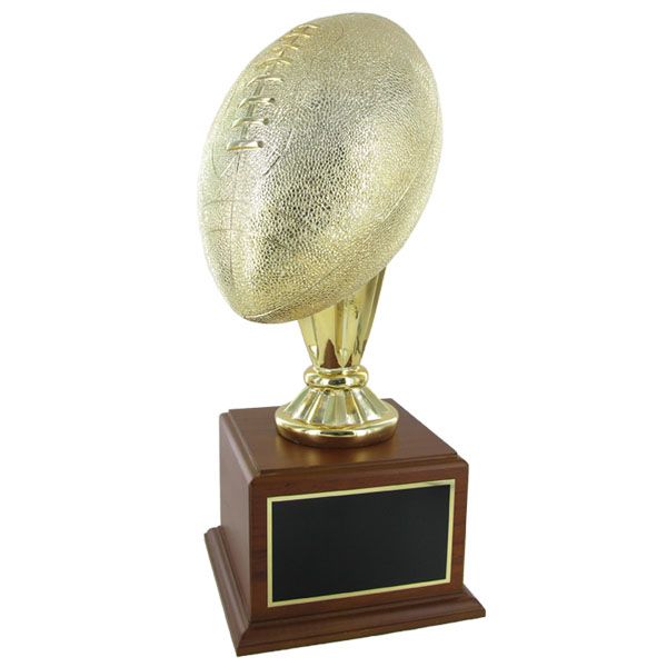17 INCH GOLD FOOTBALL TROPHY WITH 10-1/2 INCH DIAMETER BALL ON WALNUT BASE