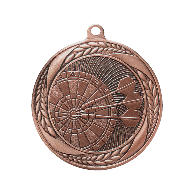 2-1/4 INCH DARTS MEDAL IN ANTIQUED GOLD, SILVER, OR BRONZE FINISH WITH ...