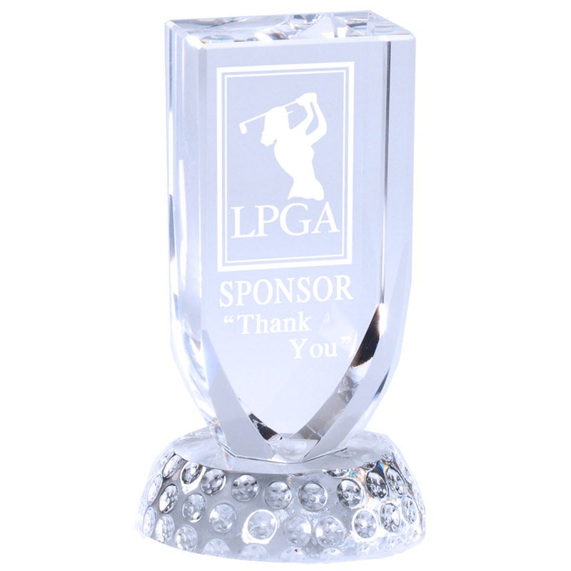 2-3/4 x 4-3/4 OPTICAL CRYSTAL GOLF AWARD TROPHY SHIELD ON GOLF BALL
