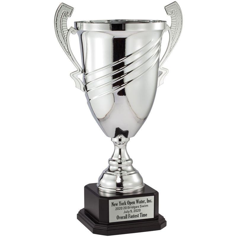 21 INCH SILVER METAL SWIRL CUP ON BLACK MARBLE BASE