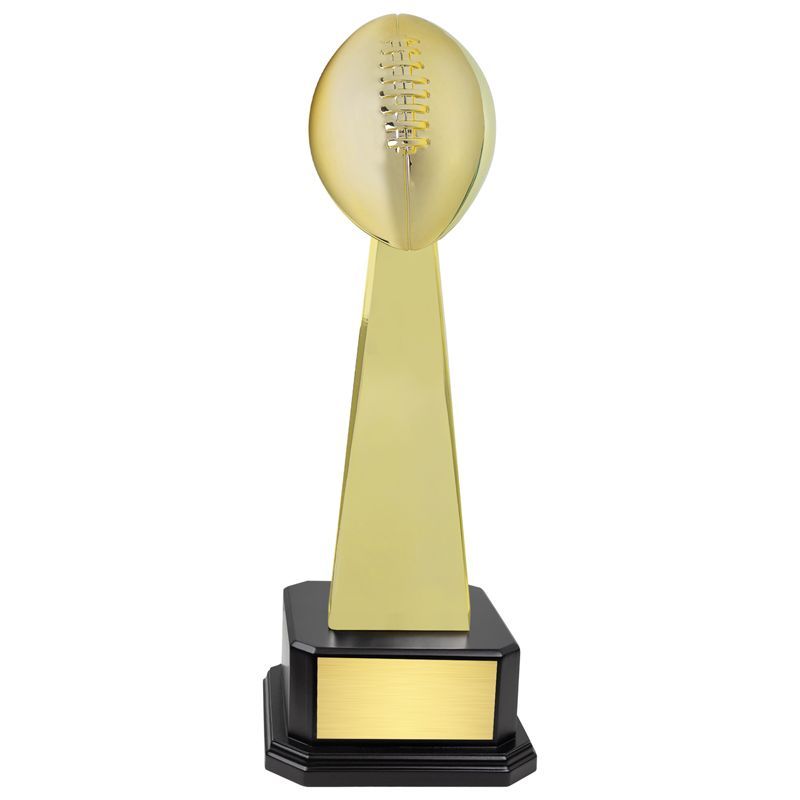 22 INCH BRIGHT GOLD FANTASY FOOTBALL TROPHY ON A BLACK WOOD BASE