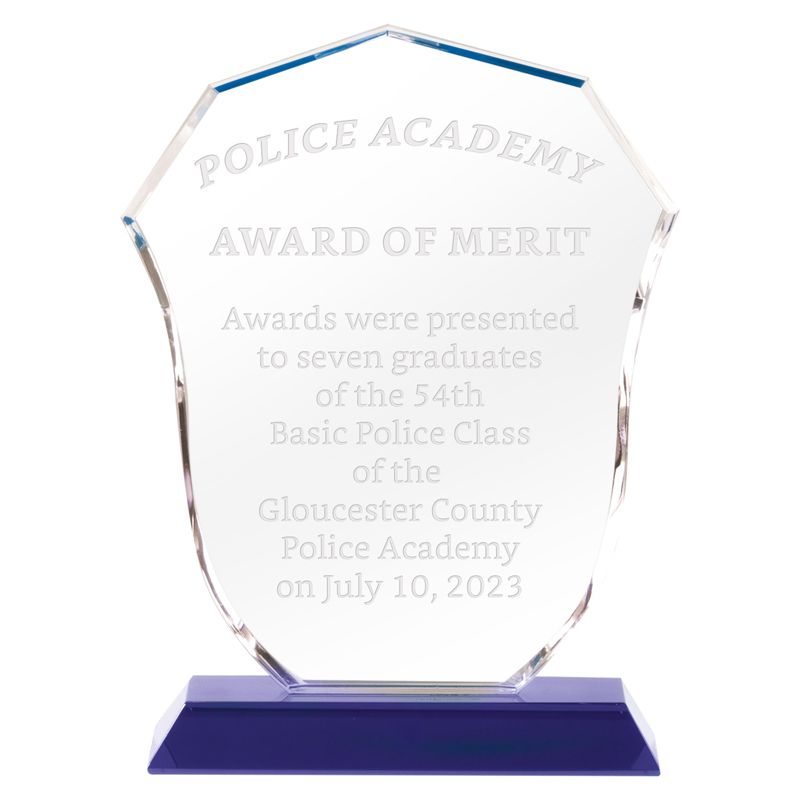 6 INCH OPTICAL CRYSTAL POLICE SHIELD AWARD ON BLUE CRYSTAL BASE