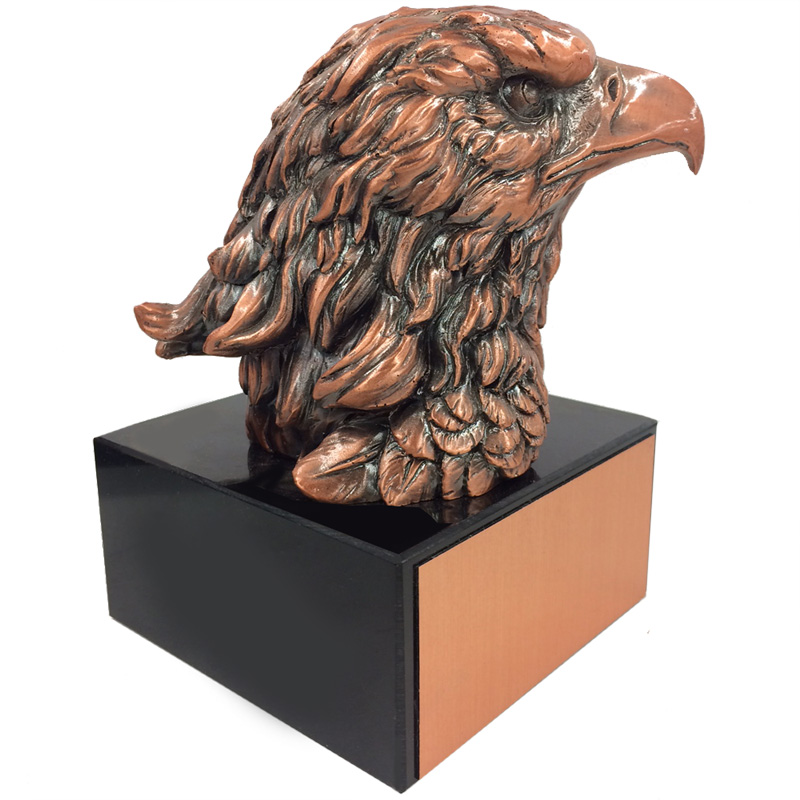 6 INCH TROPHY HEIGHT ANTIQUE BRONZE EAGLE HEAD ON BLACK MARBLE BASE