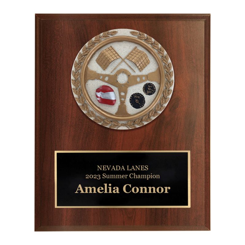 6 X 8 INCH DARK CHERRY FINISH AND CAST STONE RESIN AUTO RACING PLAQUE