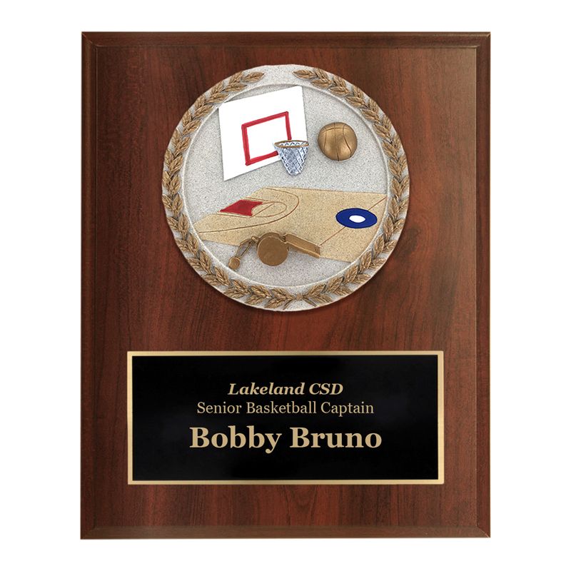 6 X 8 INCH DARK CHERRY FINISH AND CAST STONE RESIN BASKETBALL PLAQUE