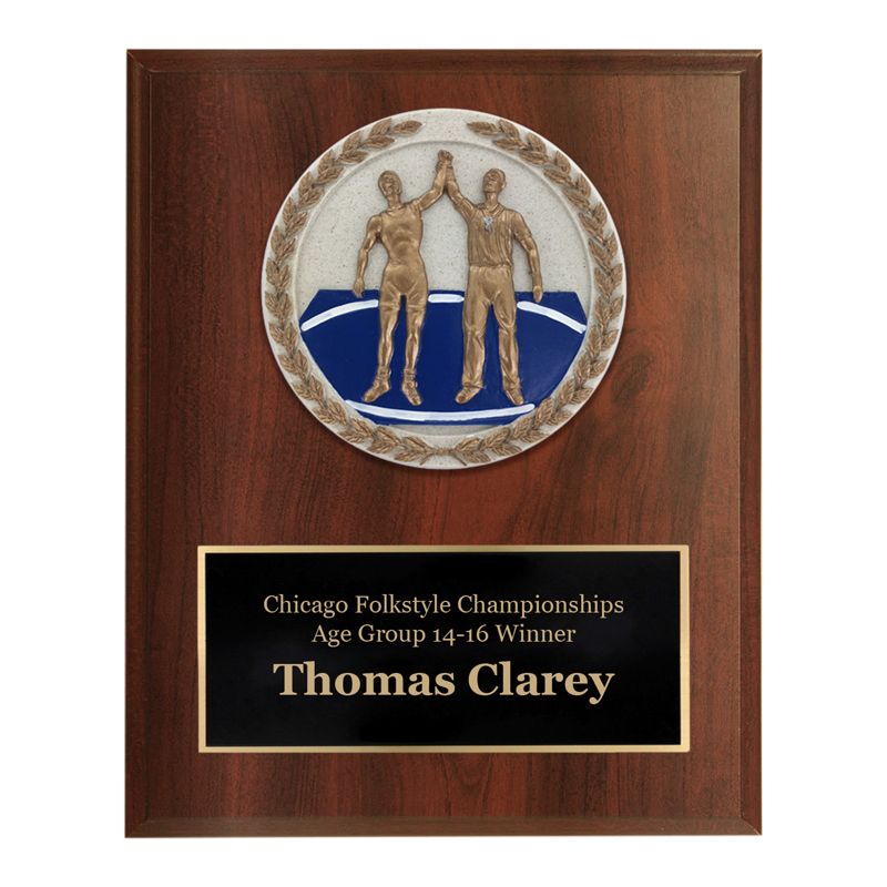 6 X 8 INCH DARK CHERRY FINISH AND CAST STONE RESIN WRESTLING PLAQUE