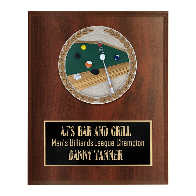 6 x 8 INCH DARK CHERRY FINISH PLAQUE WITH BILLIARDS CAST STONE RESIN ...
