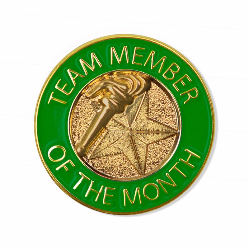 7/8 INCH BRIGHT GOLD GREEN "TEAM MEMBER OF THE MONTH" LAPEL PIN