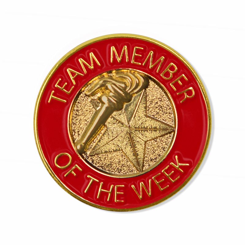 7/8 INCH BRIGHT GOLD RED "TEAM MEMBER OF THE WEEK" LAPEL PIN