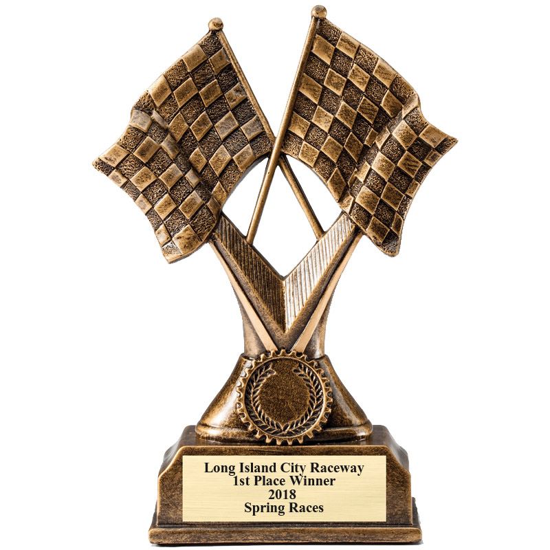 7" RACING CROSS CHECKERED FLAGS ANTIQUE GOLD RESIN FINISH