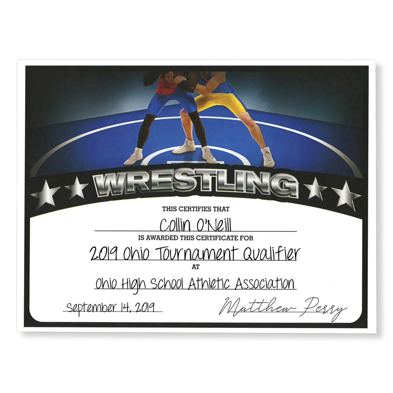 8-1/2 x 11 INCH WRESTLING CERTIFICATE