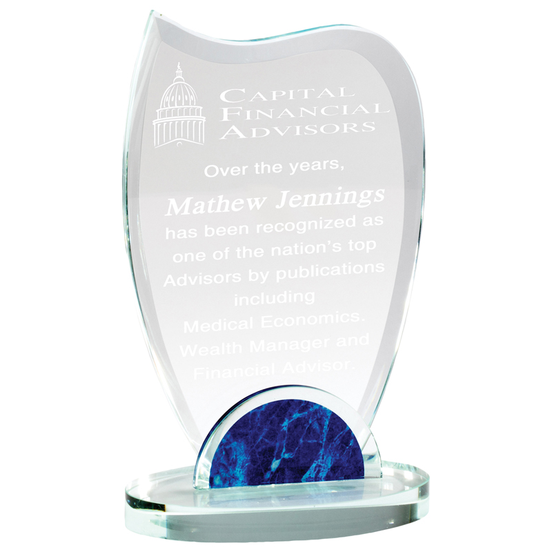 8-1/4 x 5 INCH OPTICAL CRYSTAL WAVE AWARD WITH BLUE MARBLEIZED BASE