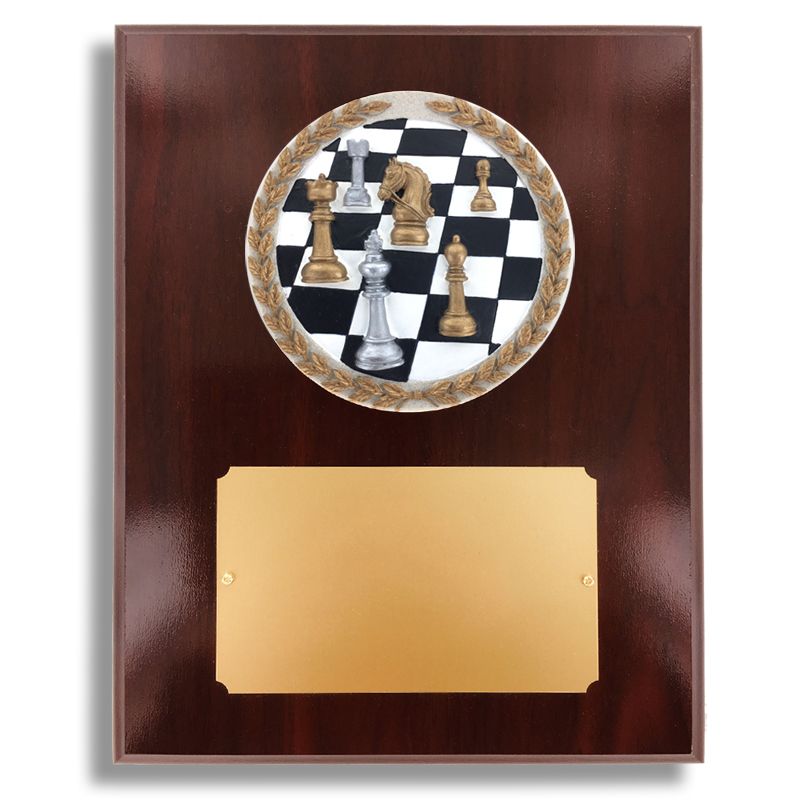 8 X 10" DARK CHERRY WALNUT FINISH PLAQUE HOLDS 4"CHESS STONE CAST EMBLEM