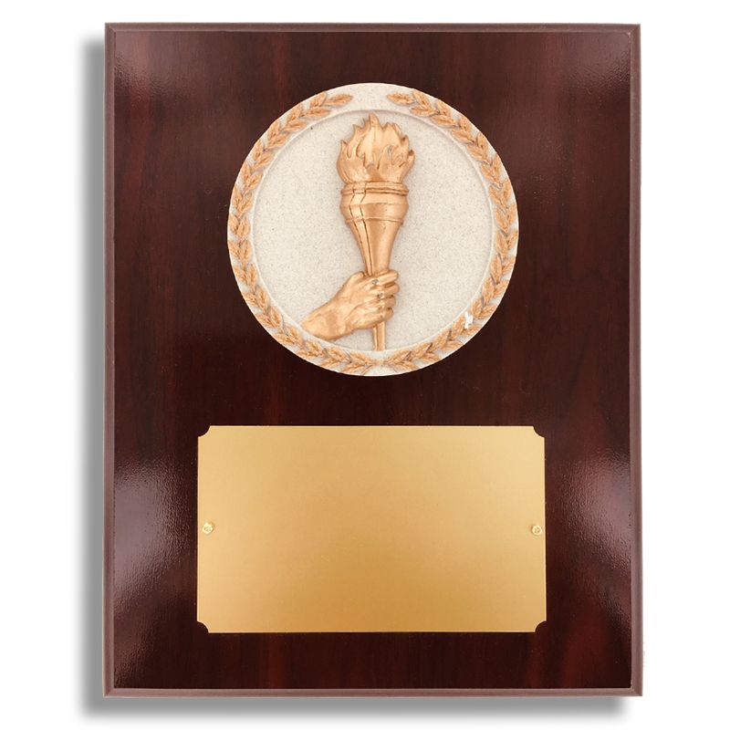 8 X 10" DARK CHERRY WALNUT FINISH PLAQUE HOLDS 4" TORCH STONE CAST EMBLEM