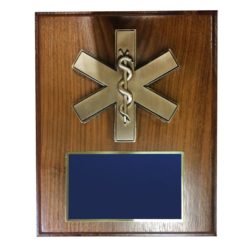 8 X 10 INCH EMT\PARAMEDIC STAR OF LIFE PLAQUE ON WALNUT VENEER BOARD