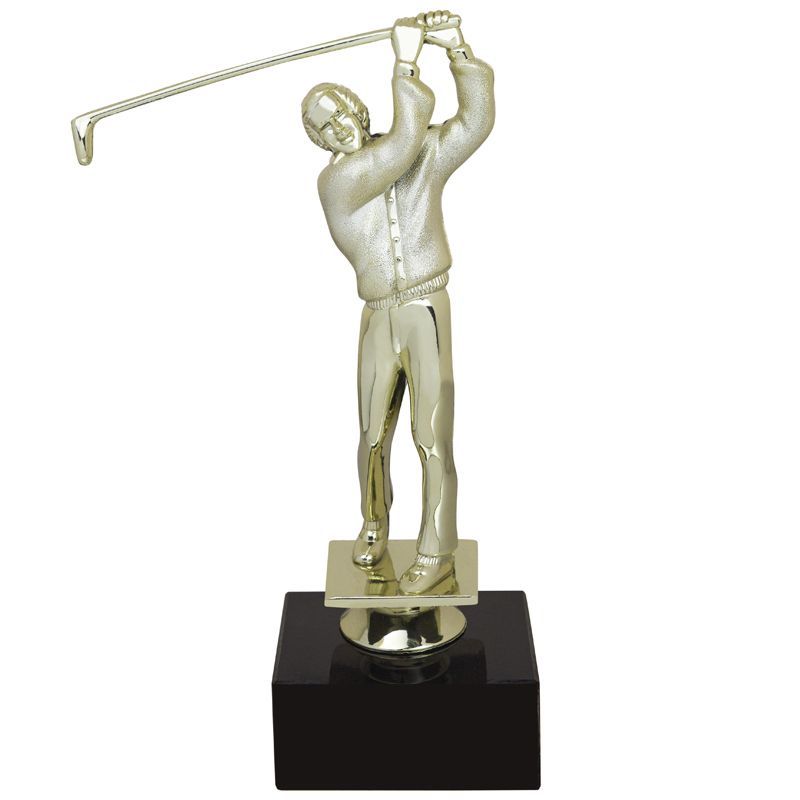 9-1/2 INCH MALE GOLF FIGURE TROPHY ON BLACK MARBLE BASE