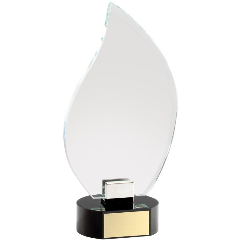 9-1/4 x 4-1/2 INCH OPTICAL CRYSTAL FLAME AWARD ON BLACK CRYSTAL BASE