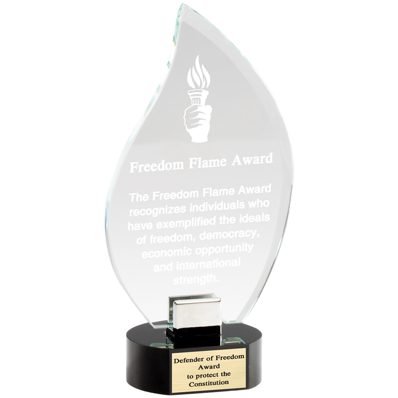 9-1/4 x 4-1/2 INCH OPTICAL CRYSTAL FLAME AWARD ON BLACK CRYSTAL BASE