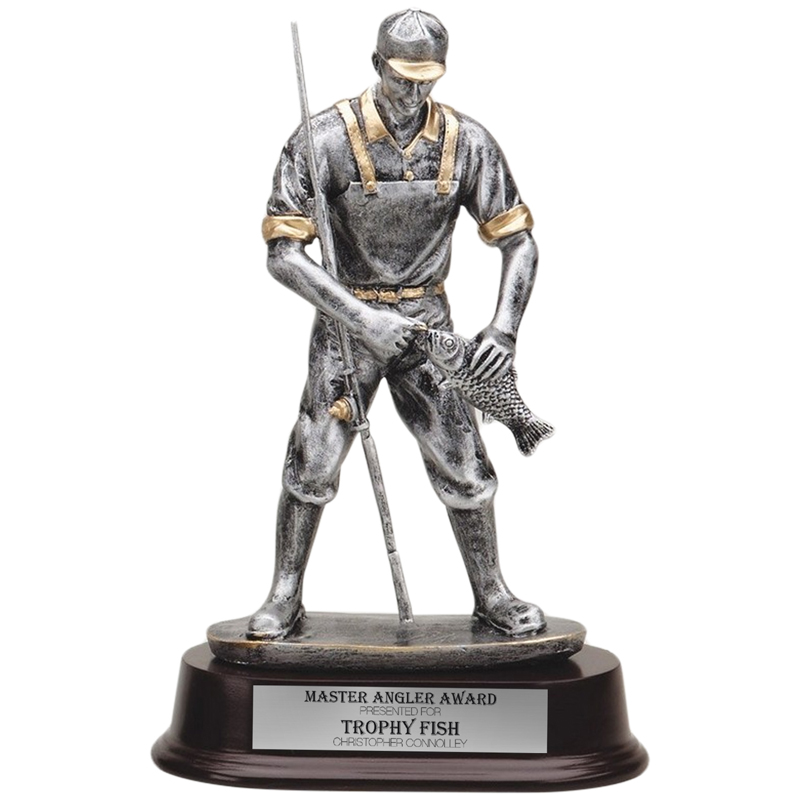 9 INCH ANTIQUE SILVER AND GOLD RESIN FISHERMAN TROPHY ON BLACK RESIN BASE