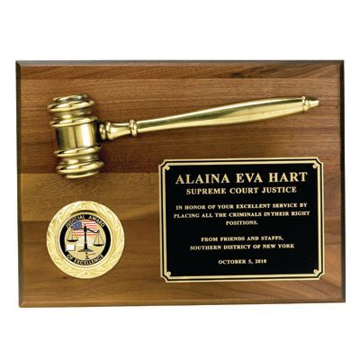 9 X 12 INCH PLAQUE GENUINE WALNUT FINISH, METAL GAVEL, HOLDS 2 INCH INSERT