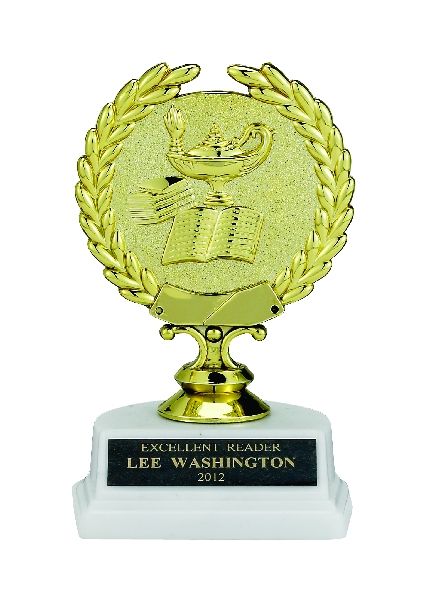 LAMP OF LEARNING AND BOOK TROPHY, 5-1/2 INCH, WHITE MARBLE BASE