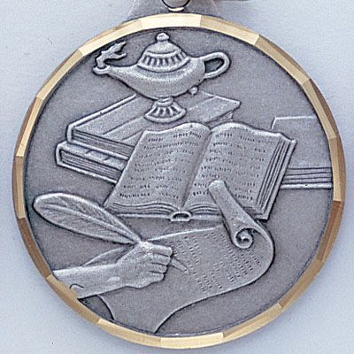 LAMP OF LEARNING BOOK AND SCROLL, SILVER MEDAL